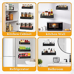 SYLLENHOD Kitchen Spice Rack: 2 Packs Black Adhesive Wall Mount - 11.8" Large Hanging Storage Organizer Cabinet Without Drilling for Smooth Wall - Work Room Bathroom Shelves