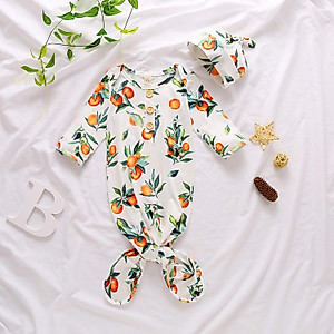 Moru Infant Baby Girls Cotton Sleeper Gowns Organic Cotton Floral Kimono Knotted Gown (Orange, 0-6 Months)