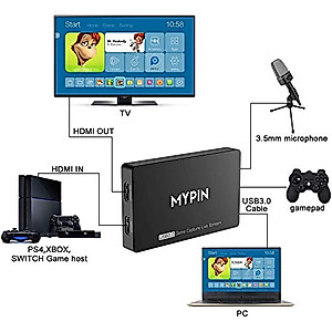 USB3.0 HDR 4K Capture Card for Live Streaming, Capture 1080P@60fps Support Microphone and Gamepad Party Chat for Nintendo Switch/ PS4 /Xbox One 360 /Wii U/Action Camera/DSLR Camcorder