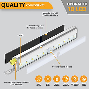 PeakPlus LED Motion Sensor Light, LED Battery Operated Lights, Under Cabinet Lighting, Stick On Lights, 10-LED Magnetic Wireless Motion Sensor Night Light for Closet, Counter, Stairway (4 Pack)