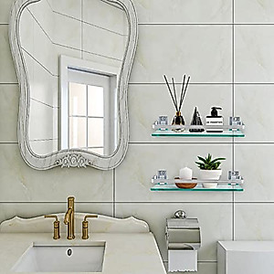 Sanbege 2-Pack Tempered Glass Bathroom Shelf with Rail, 15" x 4.5" Rectangular Shower Caddy, Wall Mounted Floating Shampoo Holder for Lavatory, Kitchen, Living Room