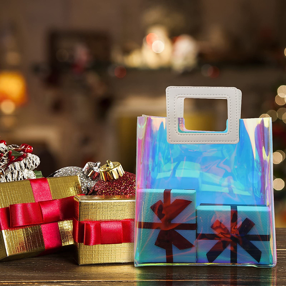 Zwish 10pcs Iridescent Reusable Gift Bags Holographic Bags for Women 8.5x8.1x4.1Inch Clear Gift Bags with Handles Gift Bags Christmas Gift Bags for Birthday, Wedding, Easter, Holiday Party