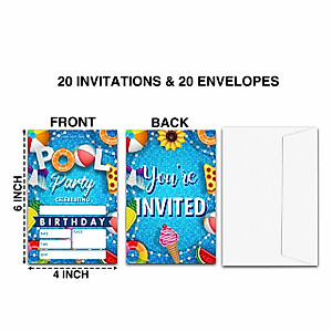 TIRYWT Pool Party Birthday Invitations with Envelopes(20-Pack), 4"x6" Fill-In Style Summer Swimming Pool Birthday Party Invites -A01