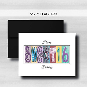Sweet 16 Birthday Card, Milestone, 5" x 7" FLAT CARD, Pastel, Greeting Cards, Lavender, yellow, pink, blue