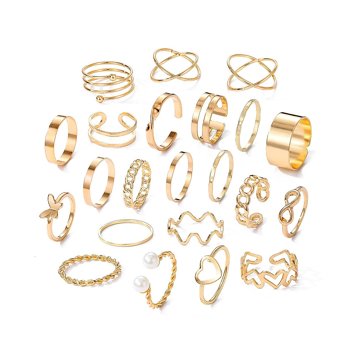 Uarein 22Pcs Gold Boho Stackable Knuckle Rings Set - Heart, Pearl, Butterfly, Vintage, Adjustable Statement Rings - Jewelry Gifts (A)
