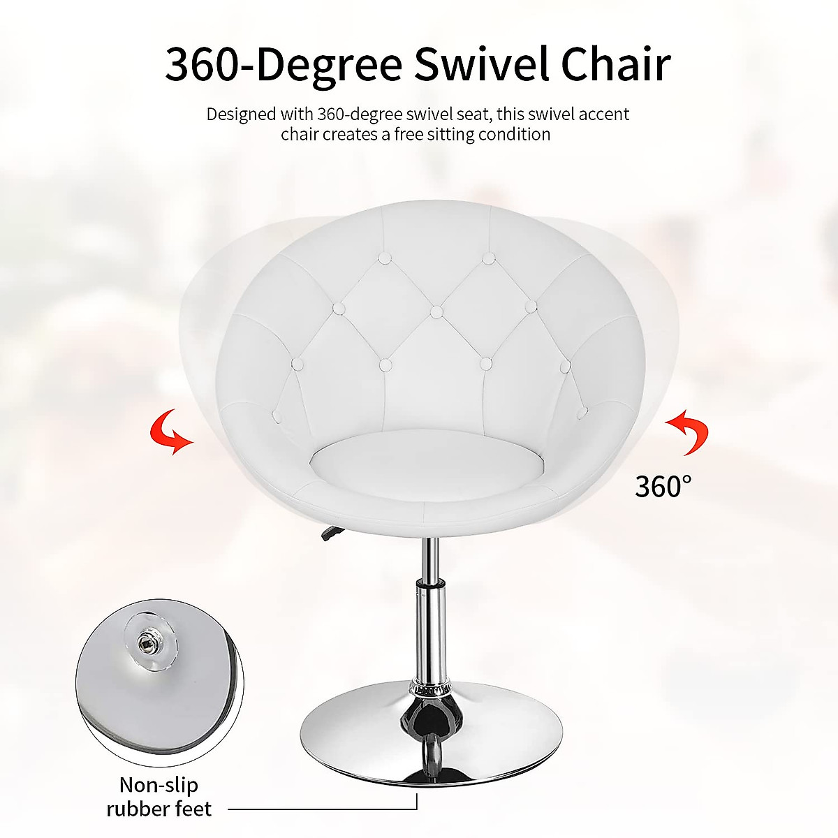 Living Room Vanity Chair Makeup Chair Swivel Accent Chair Round Back Height Adjustable PU Leather Modern Chair for Makeup Room Small Desk,White