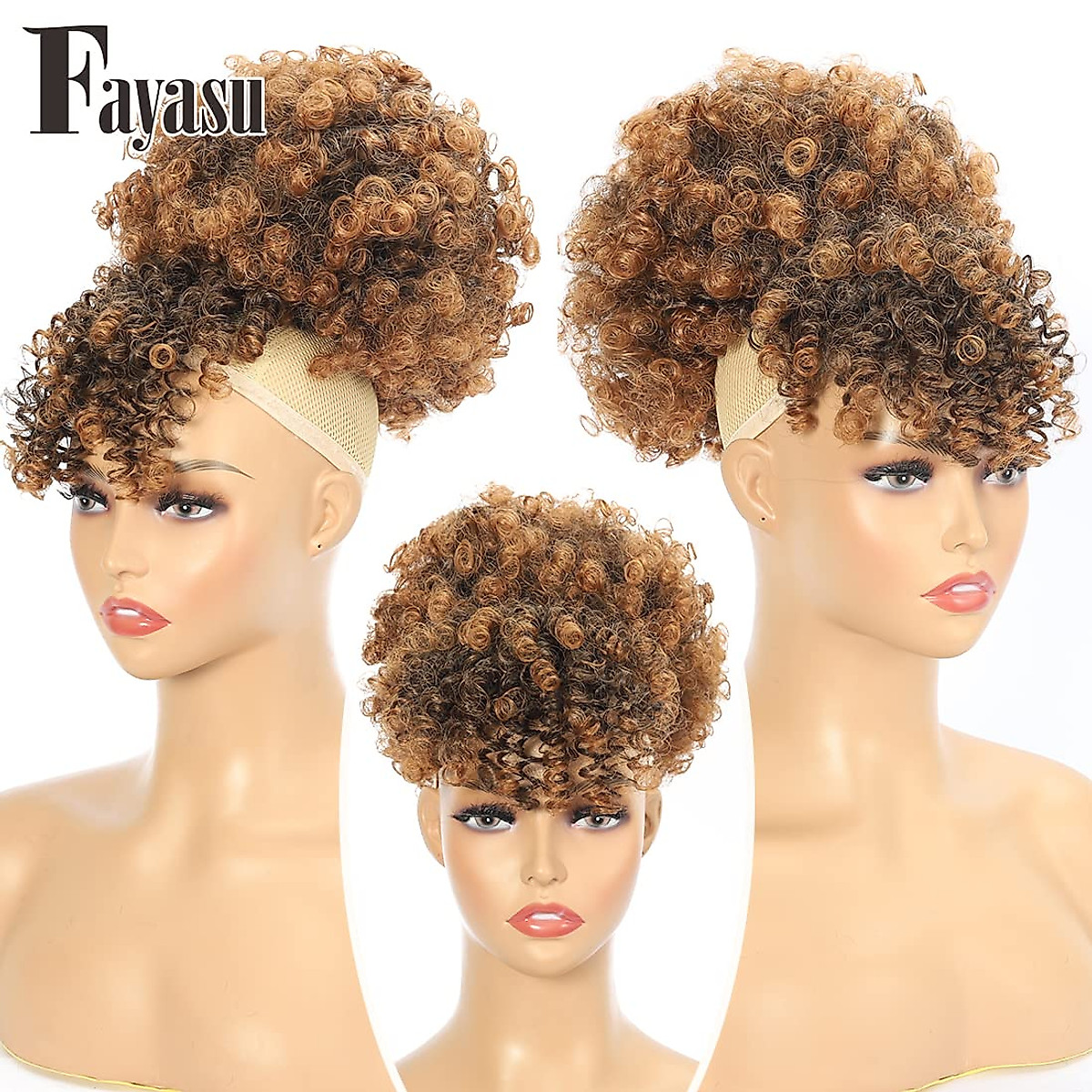 Fayasu Afro Puff Drawstring Ponytail with Kinky Curly Hair Clip in Bangs Short Ponytail Extension Black Girl Updo Hairpieces for Black Women (T30)