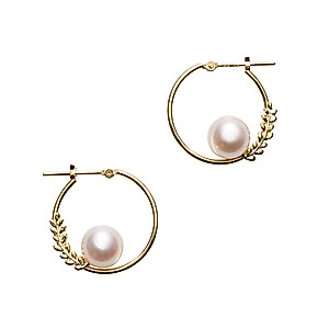 Japanese 7.0mm Akoya Cultured Pearl Hoop Earrings for Women with 18K Yellow Gold | Elegant Design Excellent Gift | Pearl Earrings hoops