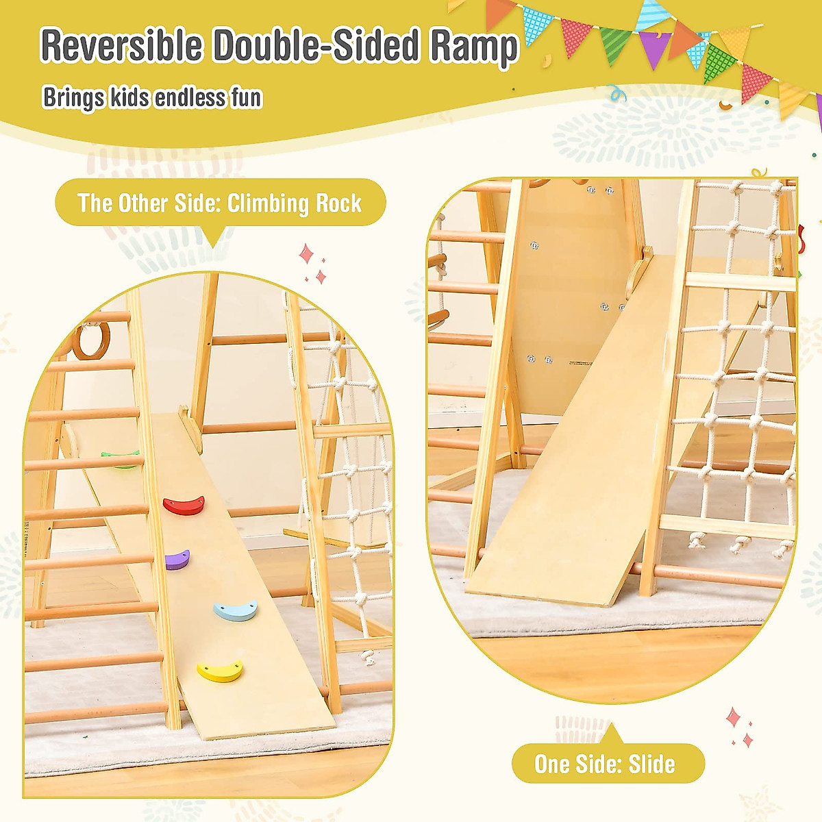 Costzon Indoor Jungle Gym, 8-in-1 Montessori Climbing Toys for Toddlers with Slide, Climbing Rock/Net, Monkey Bars, Indoor Wooden Playground Climber Playset for Kids 3-6 Years Birthday