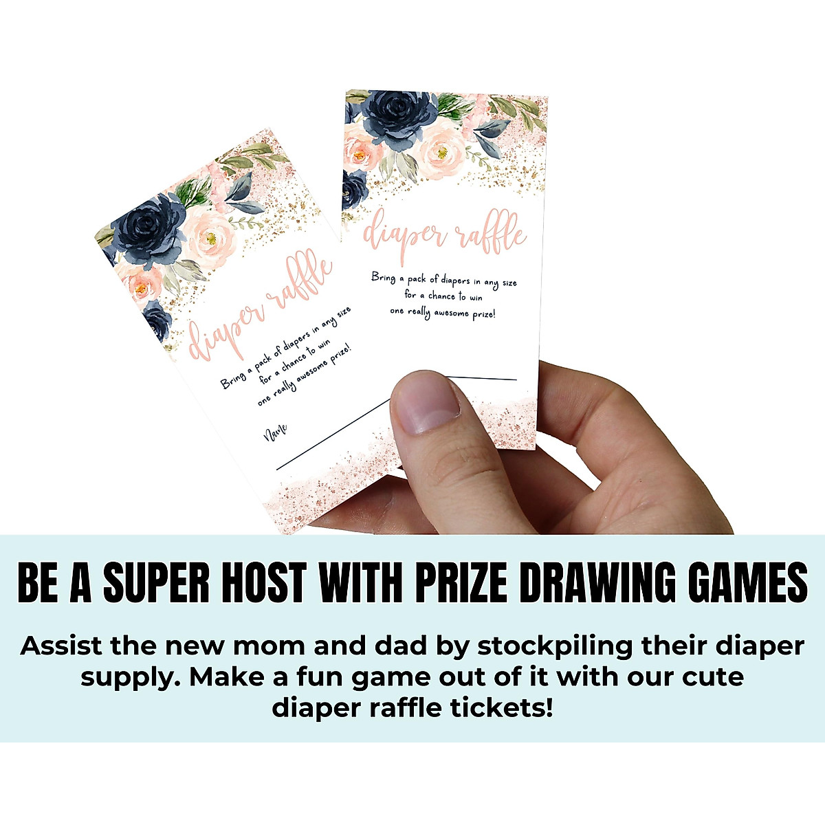 Paper Clever Party Blushing Diaper Raffle Tickets Pack of 50 - Girls Baby Shower Games – Floral Invitation Insert Cards Pink - Guests Fill-In to Win Prize Drawings - 2x4 Size Set