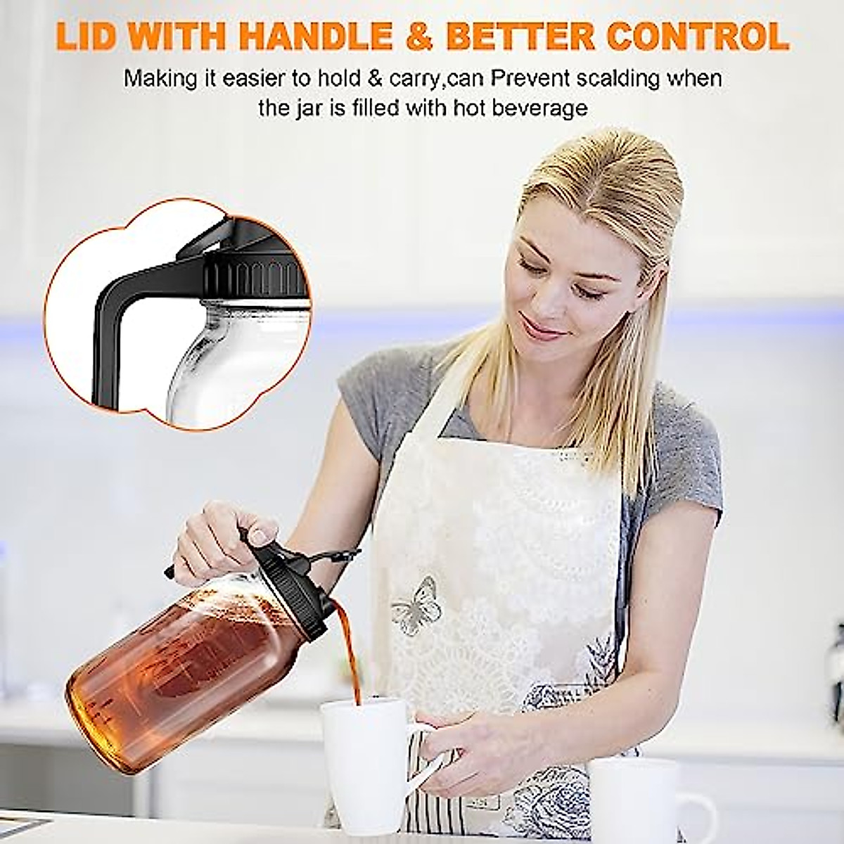 Nevfiro Mason Jar Pitcher with Pour Spout Handle Lid, 2Pack 32OZ Thick Glass Pitcher with Lid, Leak-proof Glass Pitcher Wide Mouth for Brew Coffee, Ice Beverage, Juice, Lemonade, Sun Tea, Fruit Drink