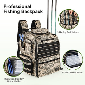 Terrete Fishing Tackle Backpack, 38L Fishing Backpack with 3 Rod Holders & 4 Tackle Boxes, Waterproof Fishing Tackle Bag with Integrated Rain Cover for Fishing, Hiking, Camping, Outdoor Sports