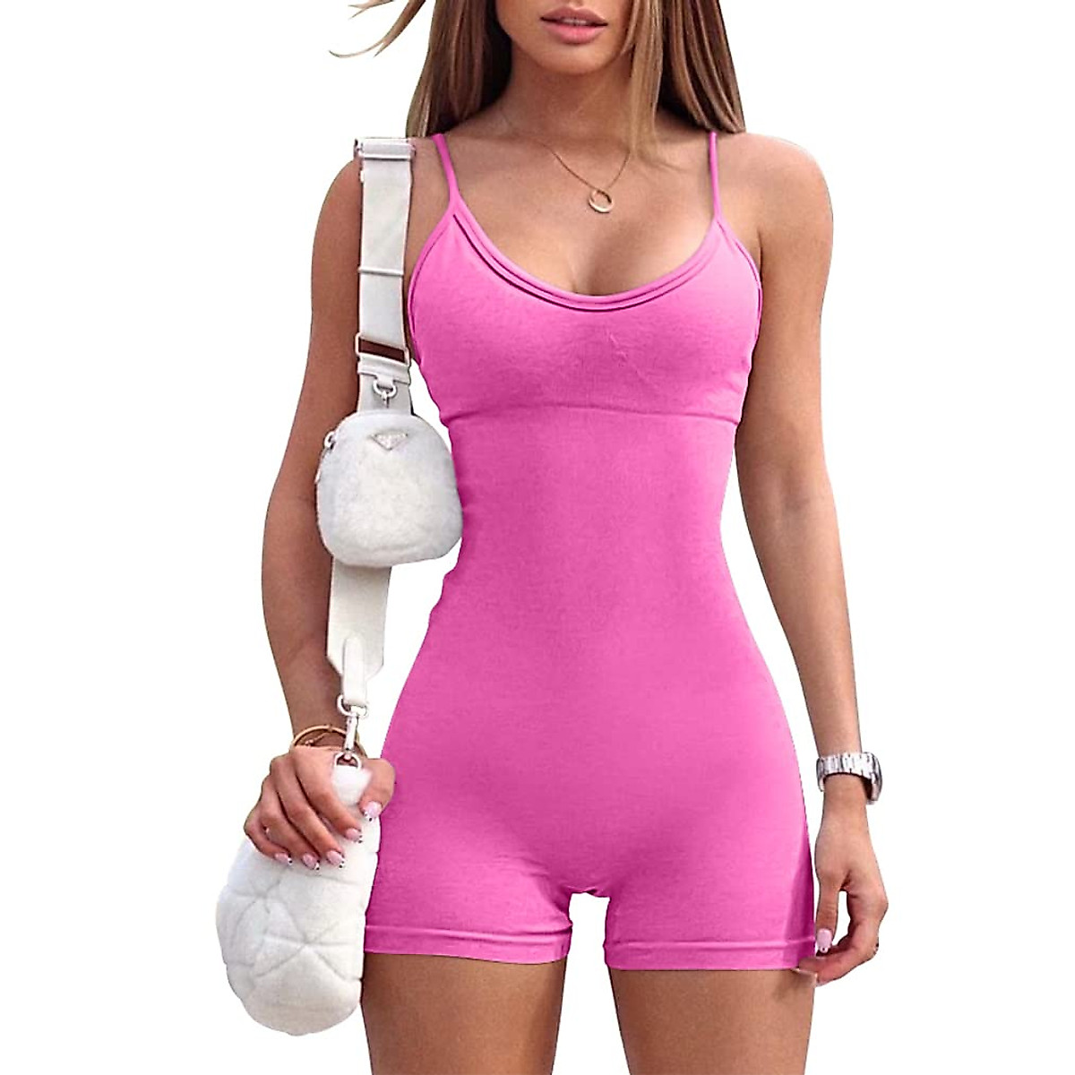 OQQ Women's Yoga Gym Seamless One Piece Spaghetti Strap Jumpsuit Workout Padded Sports Bra Romper rose