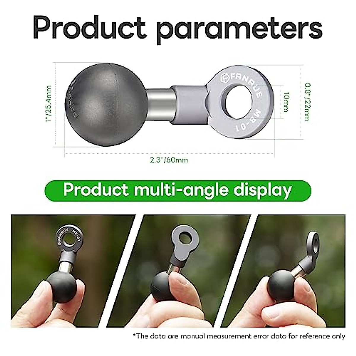 FANAUE Angled Bolt Head Adapter Ball Base with 10mm Mounting Hole,MB-01 Aluminum Alloy Mount Base for RAM Mounts B Size 1 Inch Ball Double Socket Arm