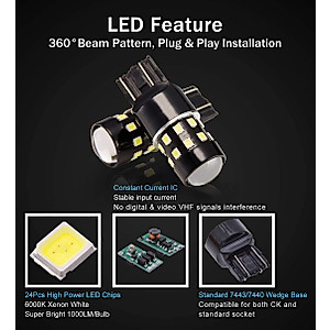 BRISHINE 4-Pack 1000 Lumens Super Bright 7440 7443 7441 7444 W21W LED Bulbs 6000K Xenon White 24-SMD LED Chipsets with Projector for Backup Reverse Lights, Parking Lights, Daytime Running Lights