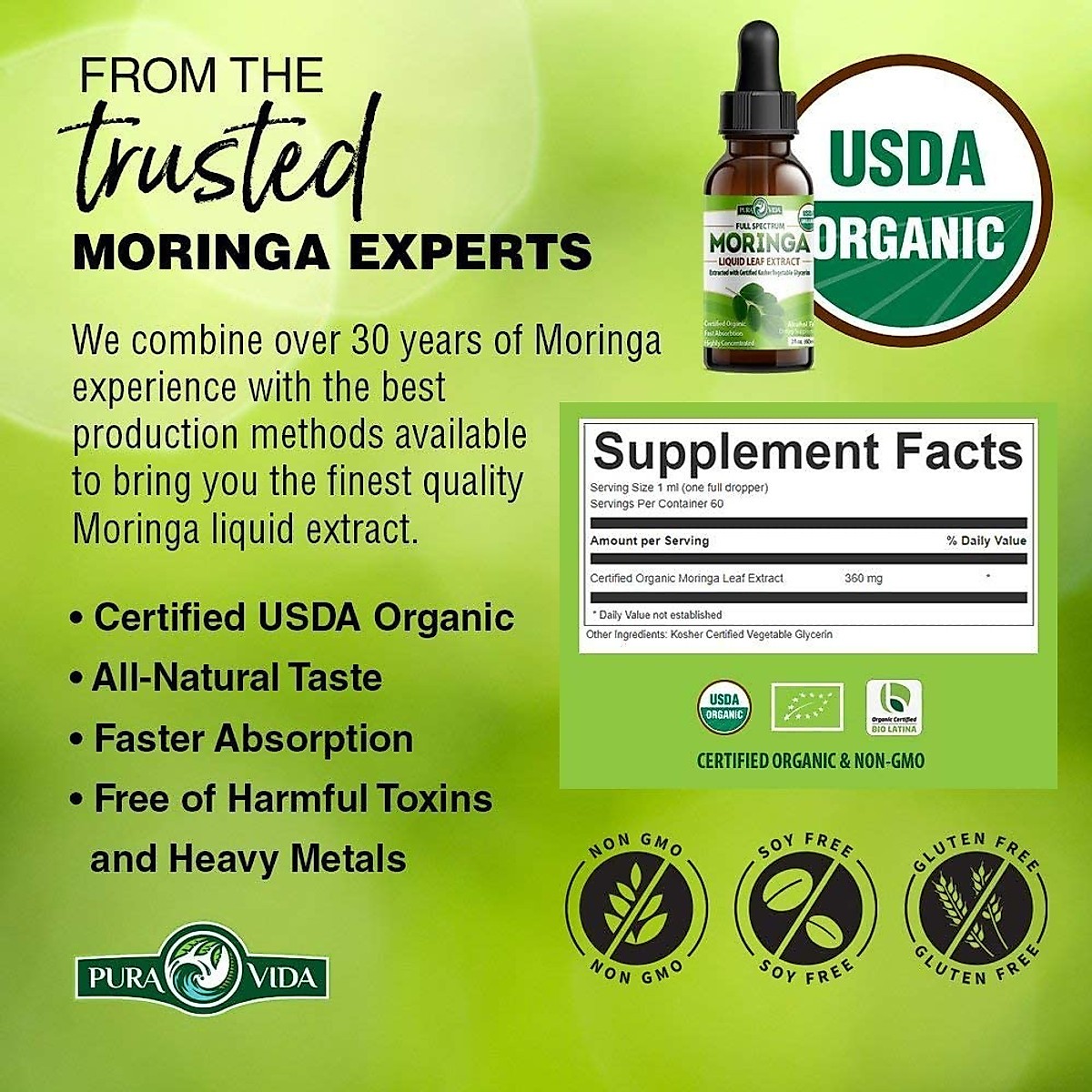 Organic Moringa Leaf Extract Liquid Drops - USDA Organic Certified - Highly Purified, Bioavailable & Faster Absorption Than Moringa Powder or Capsules - Single Origin Moringa Oleifera Leaves Extract
