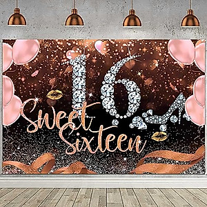Happy Sweet 16th Birthday Backdrop Balloons High Heel Diamond Banner Backdrop Decorations for Girls Rose Gold Bokeh Sweet 16 Party Supplies Sweet Sixteen Birthday Background Photo Booth Props