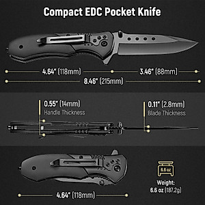 KEXMO Pocket Folding Knife - 3.46" Sharp Blade Tactical Pocket Knife with Clip, Glass Breaker - EDC Knives for Men Dad Women Hunting Survival Camping Fishing Hiking, Black