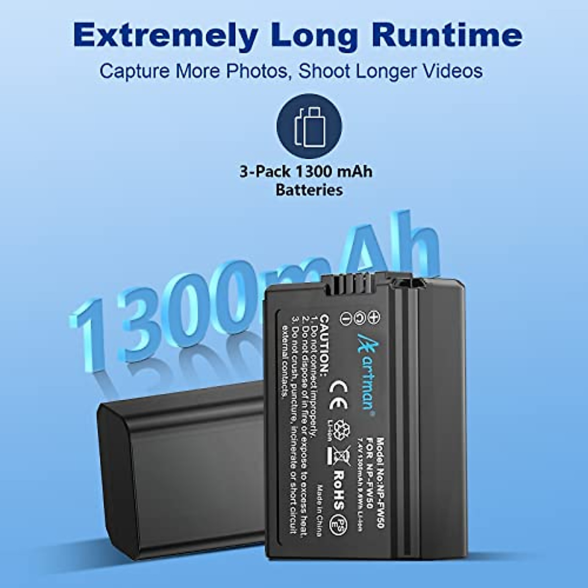 Artman 3-Pack NP-FW50 Battery and Upgraded 3-Slot LCD Charger Compatible with Sony ZV-E10, Alpha A6000 A6300 A6400 A6500 A5000 A5100 A7 A7II A7R A7RII A7S A7SII RX10 II III Camera