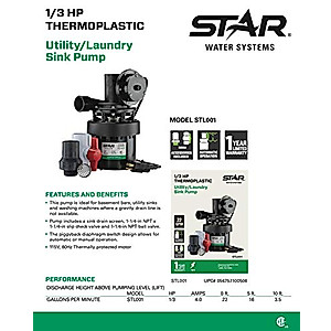 Star STL001 Automatic Utility/Laundry Sink Pump (1/3 HP) Mounts Directly Under Sink Tub, Heavy-Duty Thermoplastic, 115V, Includes Drain Screen, Check Valve & Ball Valve