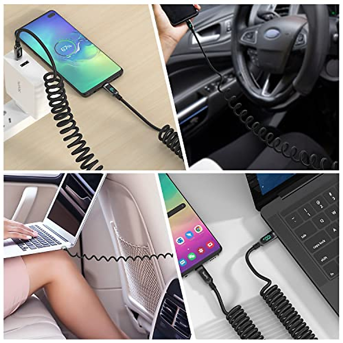 SooPii Coiled USB C Cable, 100W USB C to USB C Cable Fast Charge, 6FT Nylon Braided Type-C Cable with LED Display for lPad Air/lPad Pro, MacBook Pro, Samsung Galaxy S21,and other USB C Devices (Black)