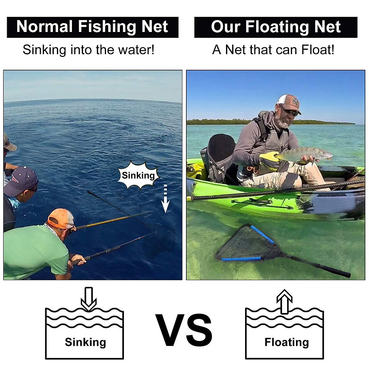 PLUSINNO Floating Fishing Net for Fly, Kayak, Catfish, Bass,Steelhead, Salmon, Trout Fishing, Portable Foldable Collapsible Telescopic Fish Landing Net, Fishing Gifts for Men Dad Grandpa