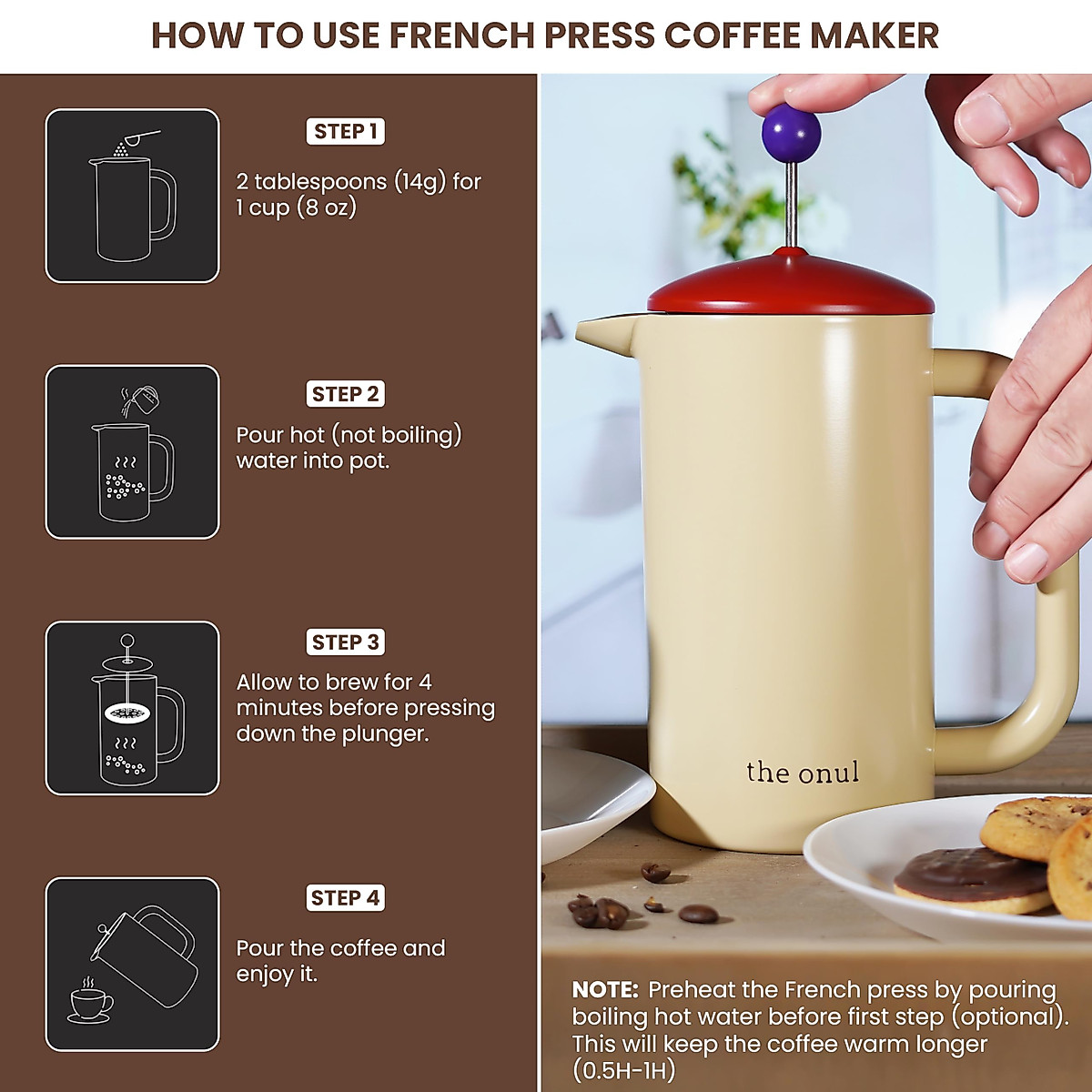 the onul French Press Coffee Maker 34 oz.- Stainless Steel Double Wall Insulated Coffee Press - 3 Level Filtration System with an Exrtra Filter - Cold Brew Coffee and Tea