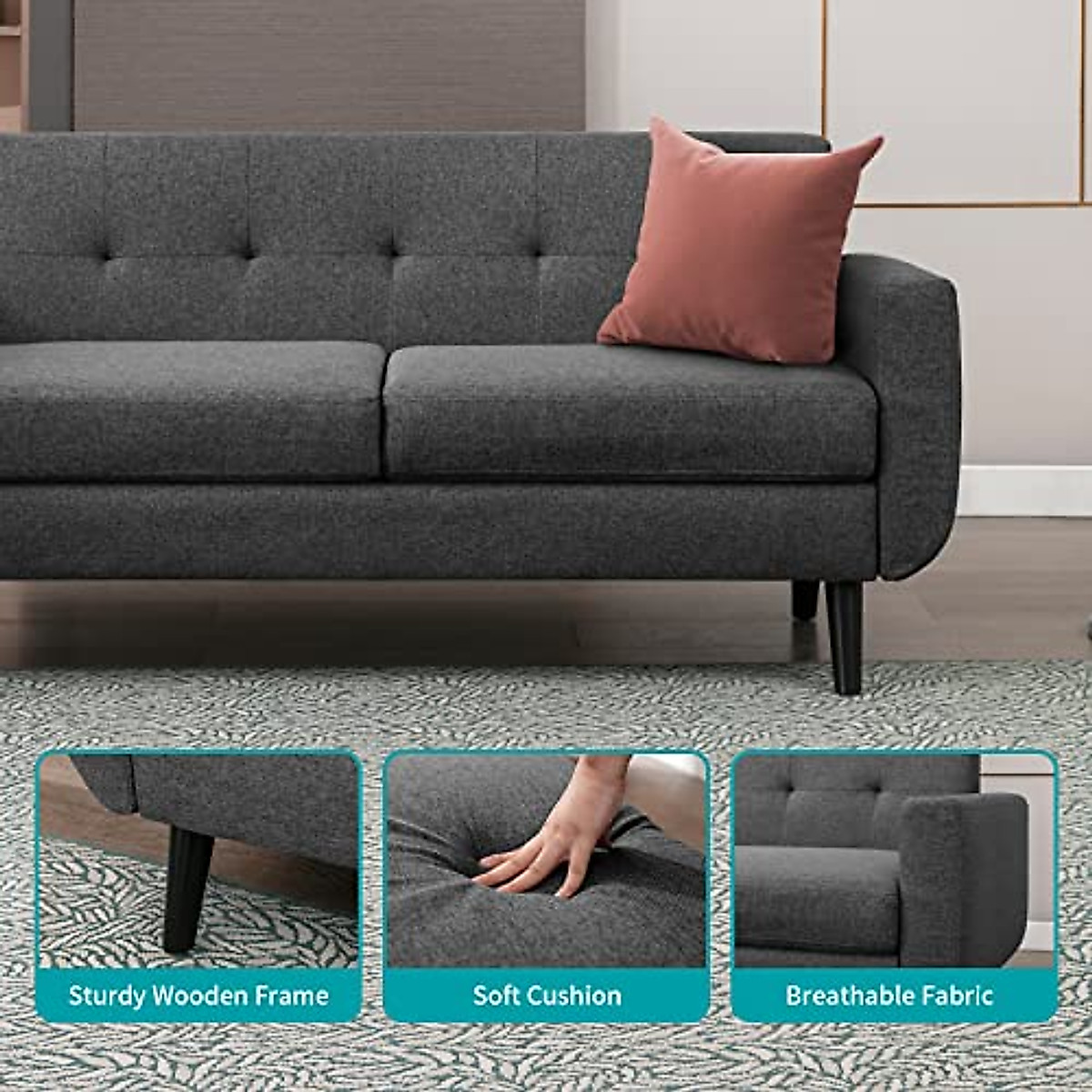 BALUS 68" W Loveseat Sofa, Mid Century Modern Couch, Small Couch Button Tufted Upholstered,Love Seat Couches for Living Room/Bedroom/Apartment/Small Space, Easy Assembly(Dark Grey)