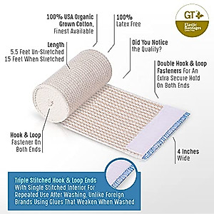 Premium Elastic Bandage Wraps (4"x2, 3"2) - Made of Grown Organic Cotton - Hook & Loop Fasteners at Both Ends - GT Latex Free Hypoallergenic Compression Roll for Sprains & Injuries