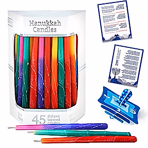 Deluxe Dripless Hanukkah Candle Set of 45 Premium Colorful Thin Tapered Candles for Standard Chanukah Menorah, Birthday Party, Celebrations Frosted Tri Color Candles by Aviv Judaica