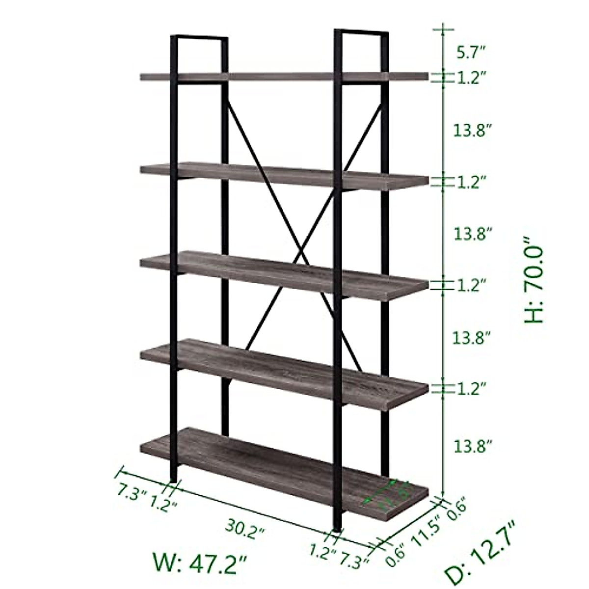 HSH 5-Shelf Vintage Industrial Rustic Bookshelf, 5 Tier Wood and Metal Bookcase, Open Etagere Book Shelf, Farmhouse Wooden Bookshelves, Light Grey Oak