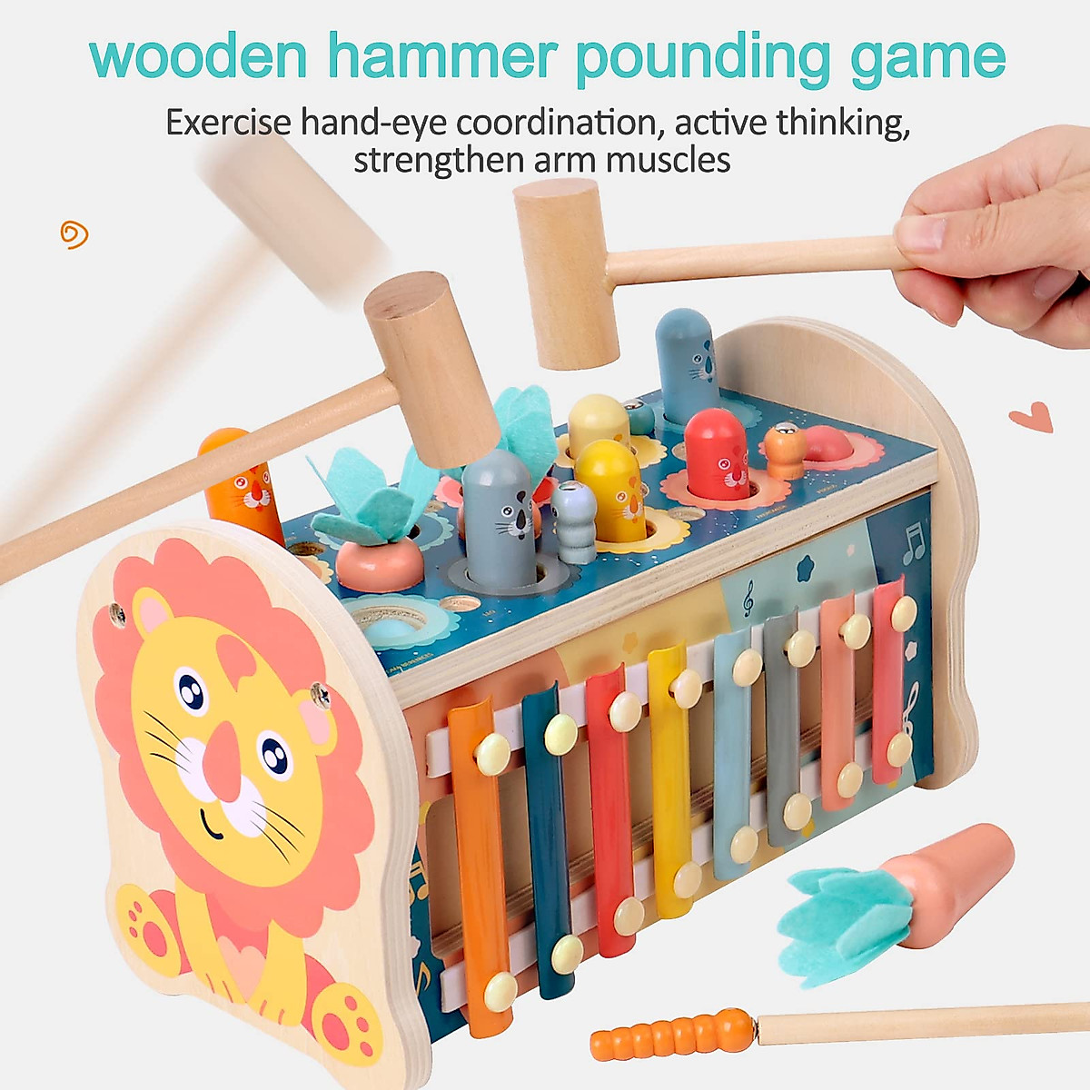 BESTAMTOY Wooden Educational Hammering Gopher Toy Worms Catching Radish Xylophone Pounding Bench Early Learning Lion Patterns Cute Colorful Skills Developing Games Hamster Play Set
