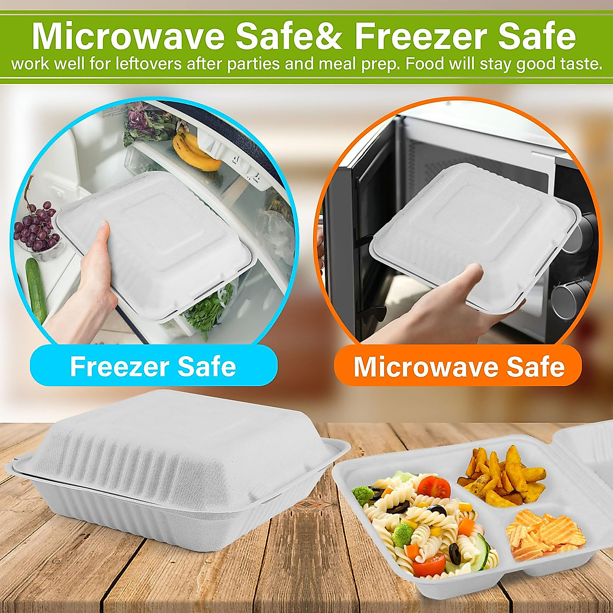 greensight Compostable Take Out Food Container 8X8, 100 Pack 3 Compartment Clamshell Food Container, Disposable To Go Food Boxes, Biodegradable Food Containers Made of White Sugar Cane Fibers