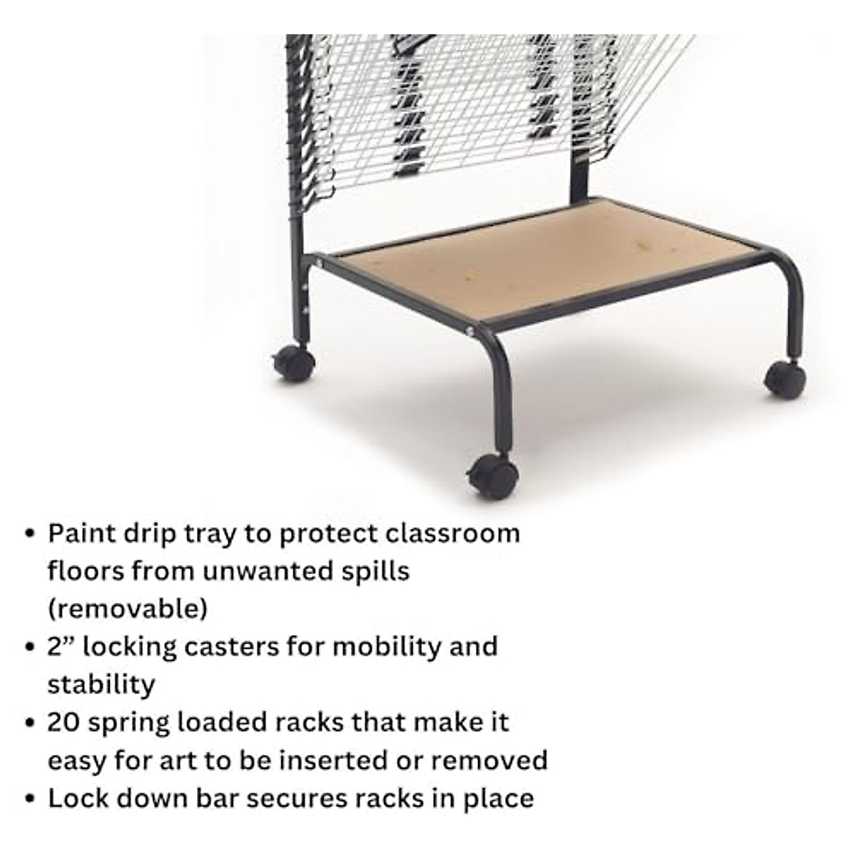 Copernicus Wide 20-Shelf Spring-Loaded Rolling Art Drying Rack for Classrooms and Art Studios, White/Black
