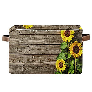 Storage Basket Bins Vintage Wooden Sunflower Large Storage Boxes Cubes Collapsible Organizer with Handles, Foldable Toys Laundry Hamper for Closet Shelf Nursery, 1 PCS
