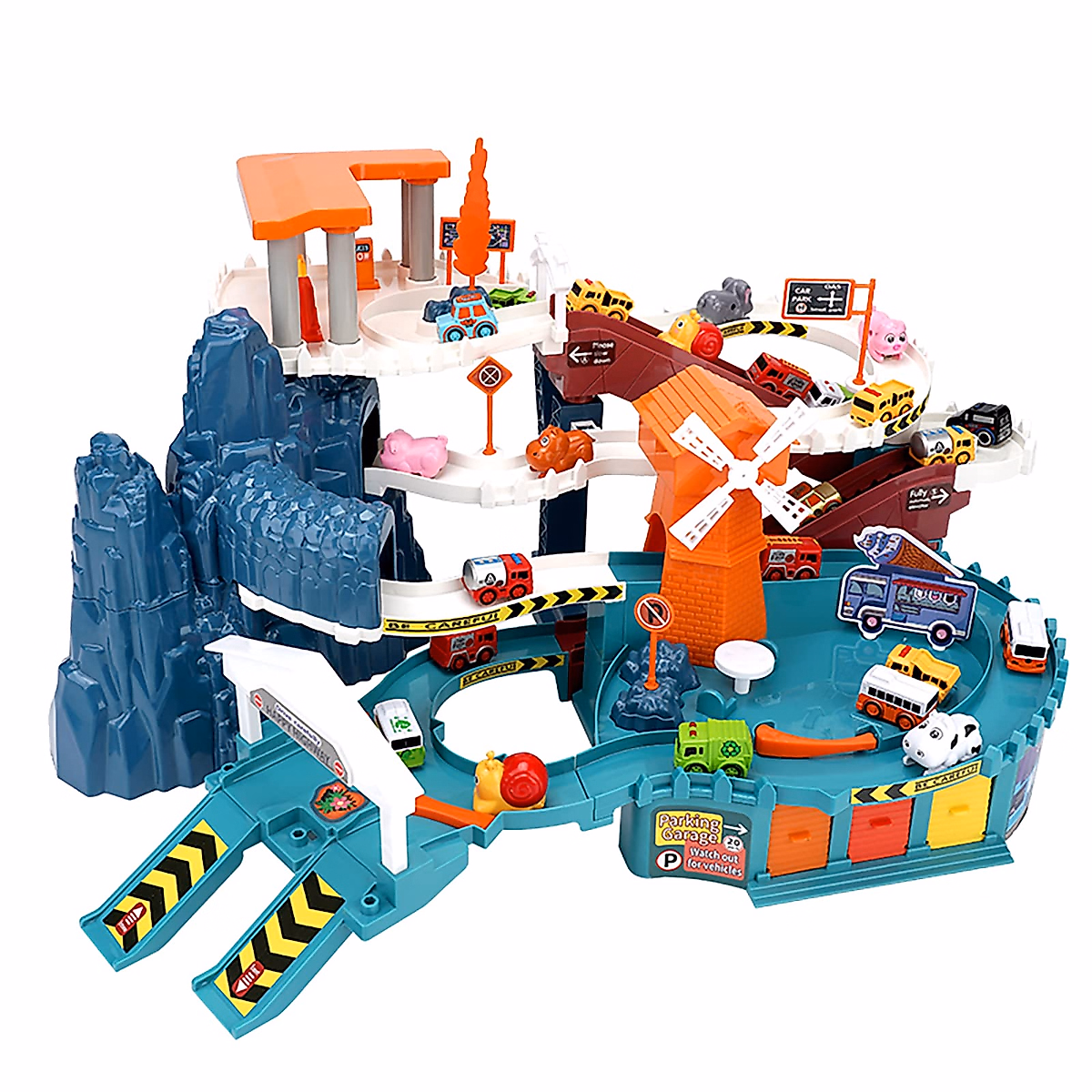 Likrolwe Boys Race Track Sets, Toy Car Ramp Track Climbing Hills Adventure Toy Vehicle Playsets with 4 Mini Cars and Garage, Race Track for Boys Age 4-7