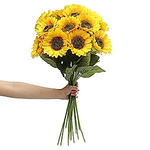 Laelfe 6PCS Artificial Sunflower Flowers Long Stem Silk Fake Sunflowers Decoration for Outdoor Home Wedding Birthday Party Single Bulk Yellow Decor(Dark Center)