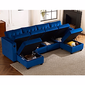 ohllob 6 Seat Modular Sectional Sofa with Storage & USB Ports, 108" Velvet Couches for Living Room, U Shaped Sofa Bed Couch, Blue