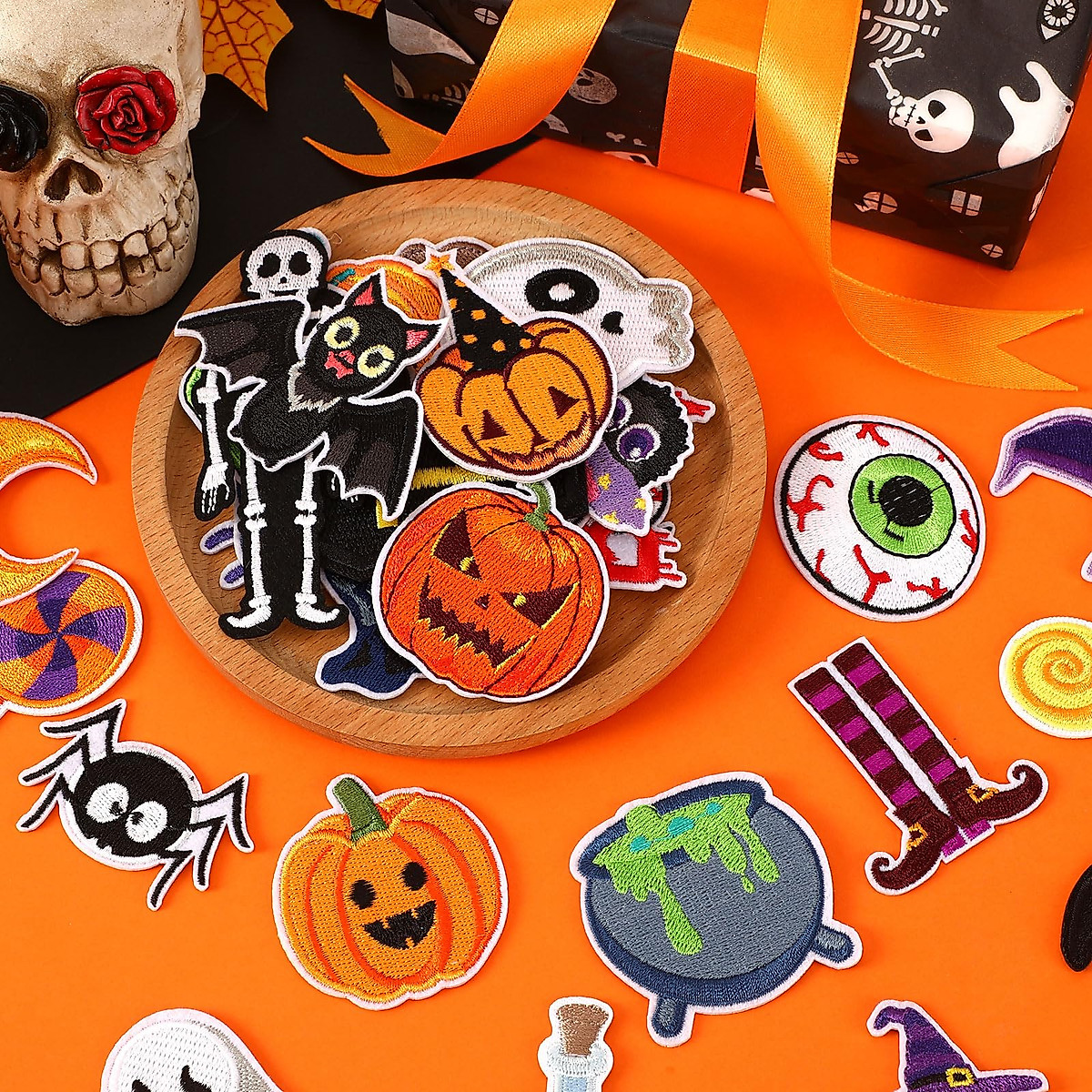 36pcs Halloween Autumn Iron on Patches Halloween Embroidered Sew Applique Repair Patch Cute Skull Pumpkin Ghost Black Cat Witch Bats DIY Crafts for Clothing Jacket Jeans Pants Dress Backpack Hat Decor