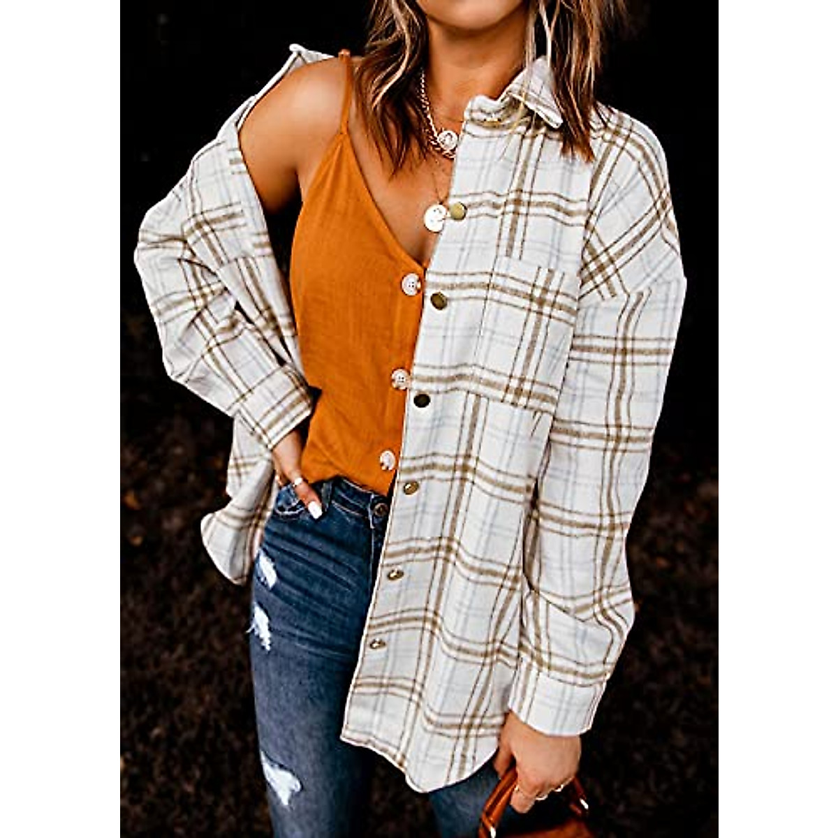 PRETTYGARDEN Women's 2023 Fall Clothes Plaid Shacket Jacket Long Sleeve Button Down Flannel Shirts Fashion Blouse(Plaid Khaki,Large)