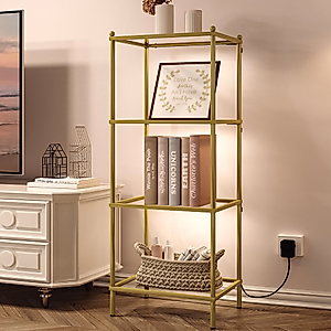 Hzuaneri Bookcase Bookshelf with LED Lighting, Tempered Glass Bookshelves, 8 Levels of Brightness and 20 Colors, Slim Shelving Unit for Bedroom Bathroom, Home Office, Steel Frame, 5 Tier Gold BC23599A