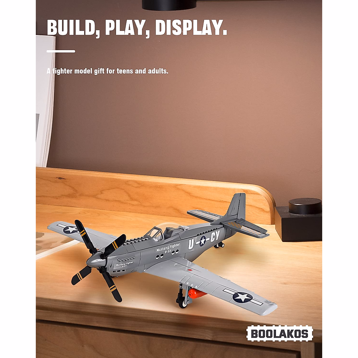 BOOLAKOS P-51 Mustang Fighter Bomber Building Blocks Sets, Military WW2 Airplane Building Toy, Collectible WW2 Army Model for Children Adults (258PCS)