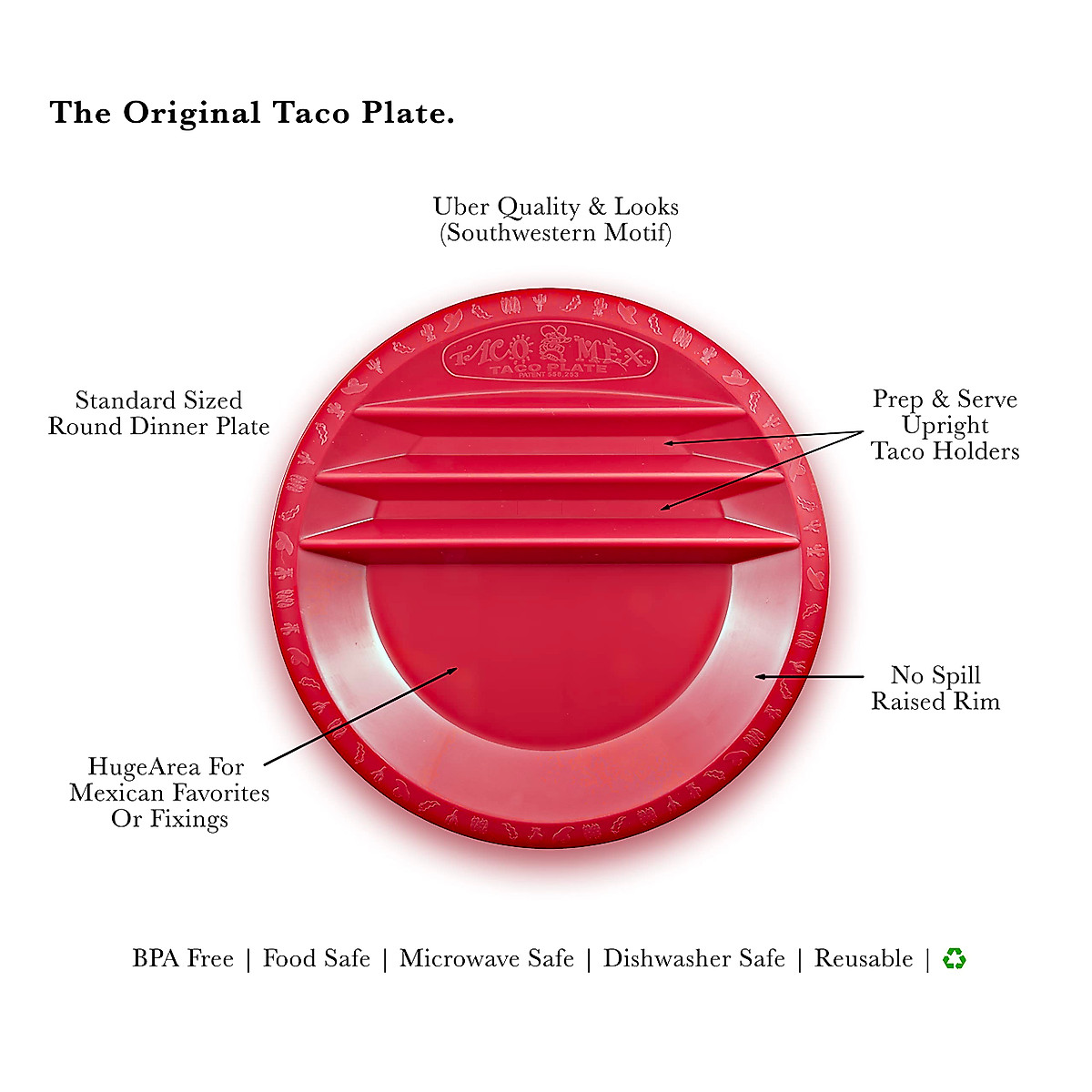 Taco Mex Taco Plate, Reusable, Round, Preparation and Serving Plate, for Soft and Hard Shell Tacos, 10.75 inch Plastic, Uber Look and Quality, Microwave Safe, 4 Pack Set, Red