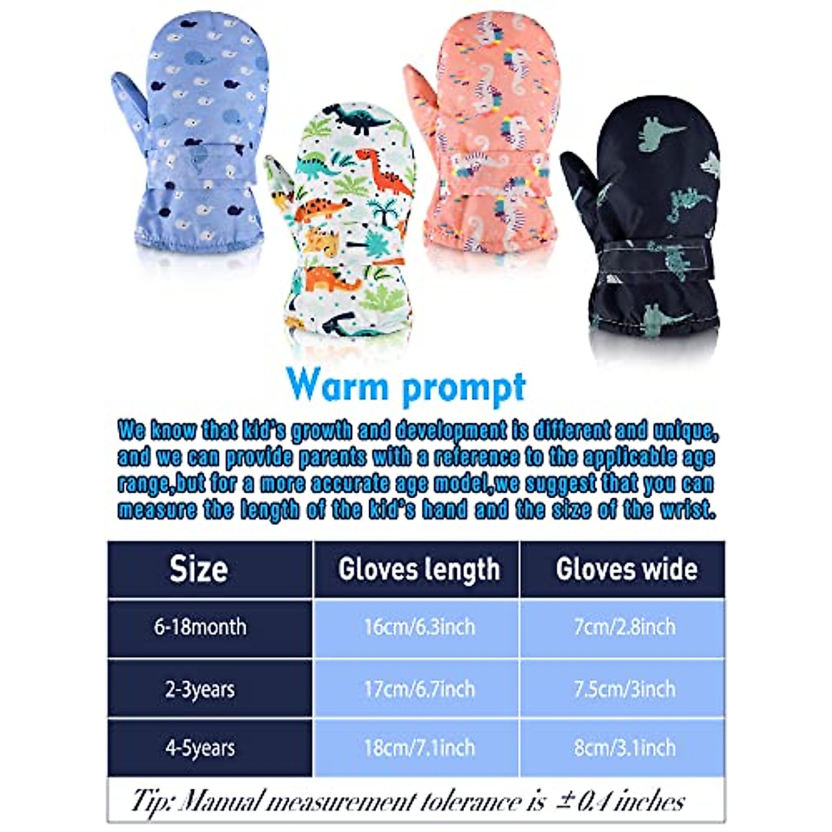 4 Pairs Kids Ski Mittens Gloves Waterproof Warm Snow Winter Mittens Gloves for Girls Boys Baby Toddlers Outdoor Activities (2-3T)