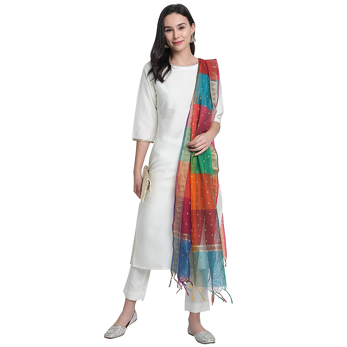Janasya Indian Women's Off-White Poly Silk Kurta With Pant And Dupatta(SET268-KR-NP-XL)