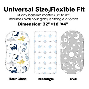 Plushii Bassinet Sheets for Baby Boys 3 Pack, 32"x 16" Extra Soft Microfiber Bassinet Sheet Universal for Oval Rectangle and Hourglass Bassinet Mattress, Dinosaur & Blue Elephant & Stars