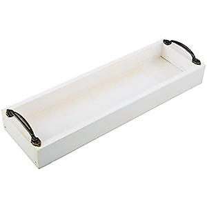 Generic Rustic Whitewashed Rectangular Wooden Serving Tray with Metal Handle Centerpiece for Dining Room Living Room or Windowsill Perfect Size for Snacks Wine Coffee Candles or Plants,White Washed