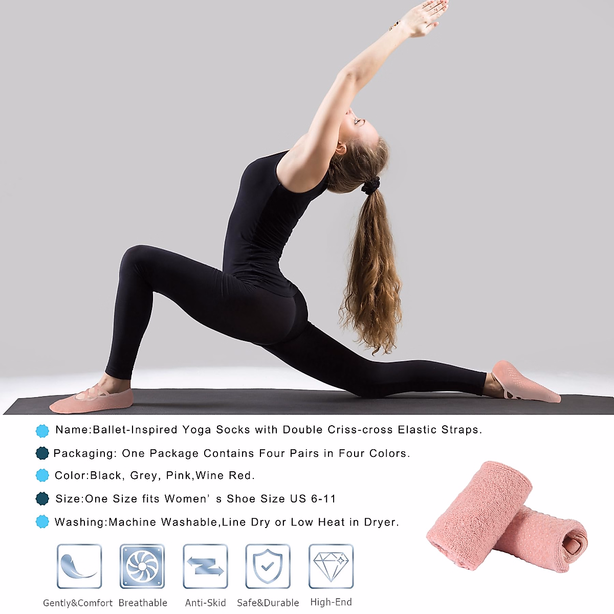 Cooque Yoga Socks Non Skid with Grips Barre Pilates Socks for Women Girls (Pink,Grey,Black,Wine red-01)