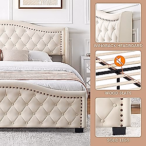 King Size Upholstered Platform Bed Frame with Tall Headboard 47.2" , King Bed with Velvet Button Tufted & Nailhead Trim Wingback Headboard, Luxurious Arched Footboard, No Box Spring Needed, Beige