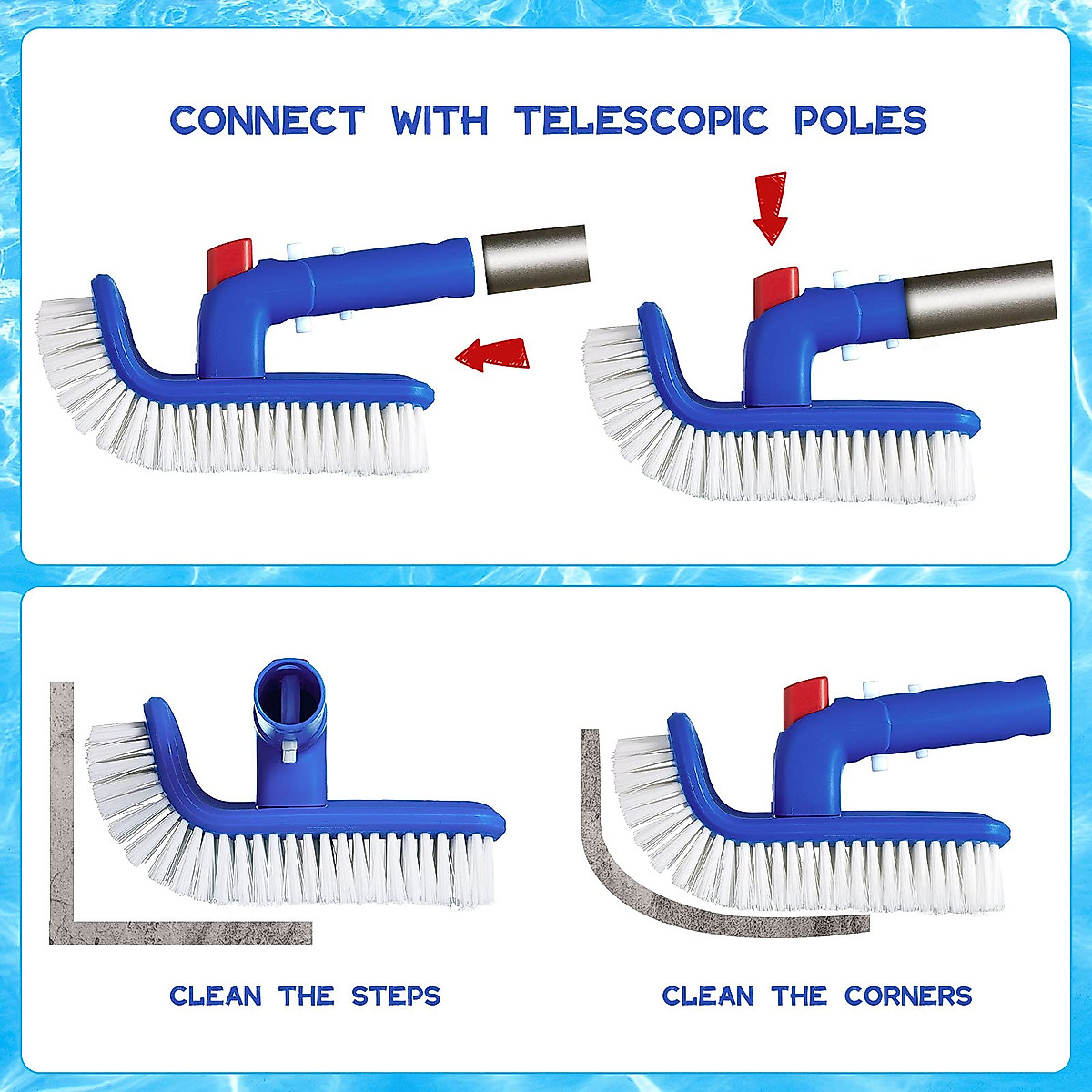 Corner and Step Pool Round Brush, Pool Step and Corner Brush, 180 Degree Rotation Handle Scrub Brush for Ground Swimming Pools, Spas, Hot Tubs, 1-1/4 Pole Connection (1 Piece)